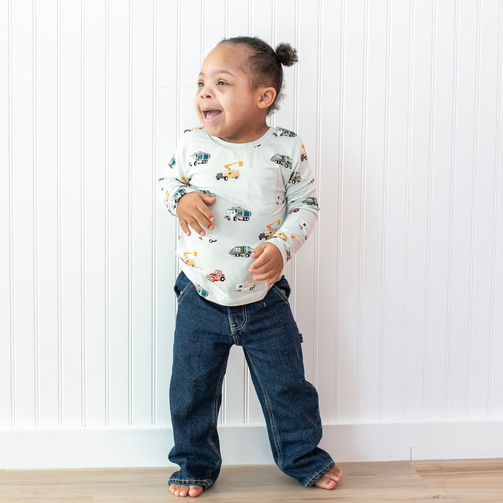 Long Sleeve Toddler Crew Neck Tee in City Vehicles