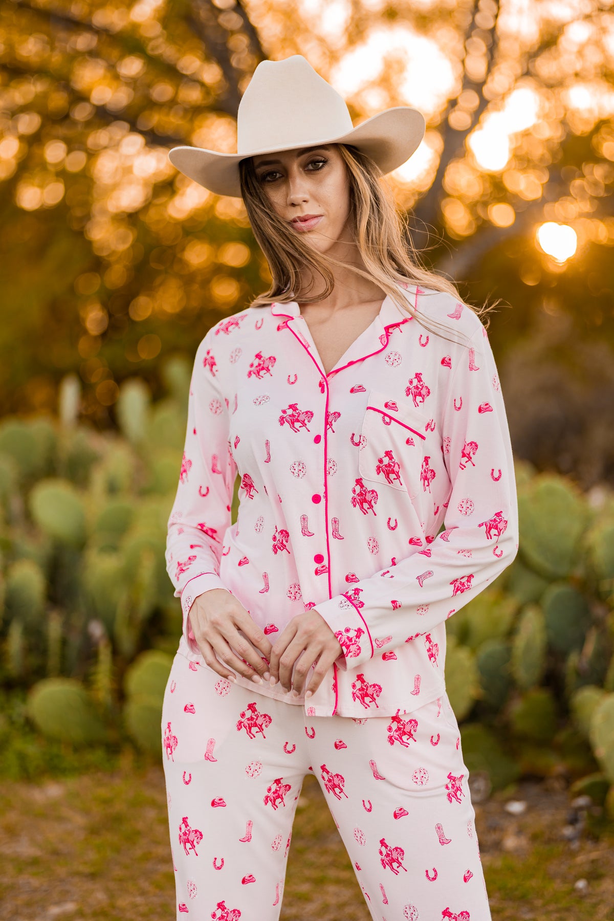 Long-Sleeved Women's Pajama Set in Disco Cowgirl