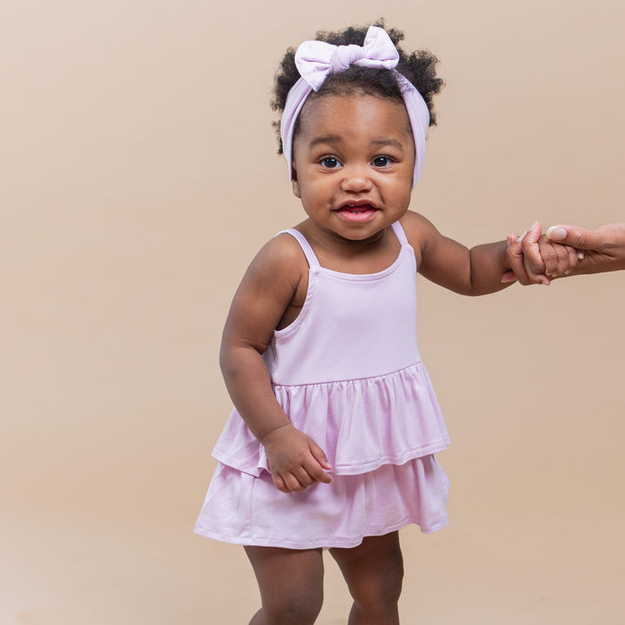Spaghetti Strap Ruffle Romper in Thistle